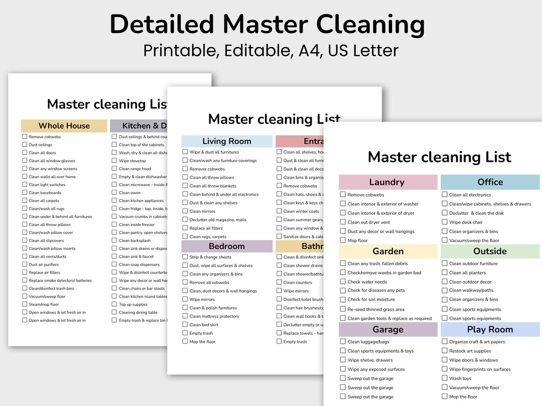 Master Cleaning List, Cleaning Check List, ADHD Cleaning Planner, Deep Cleaning List, Daily ...