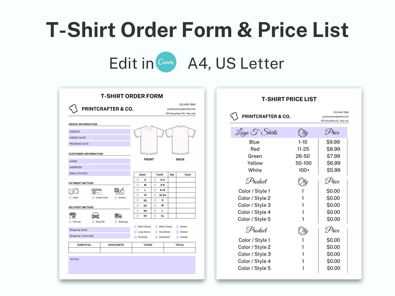 Shirt Order Form & Price List Template, TSHIRT Price List, T-shirt ...