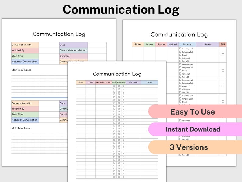 Printable Communication Log, Parent Communication Log, Call Log ...
