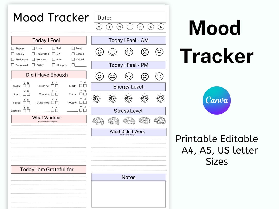 Daily Mood Log Printable, Daily Mood Tracker PDF, Daily Mood Journal ...