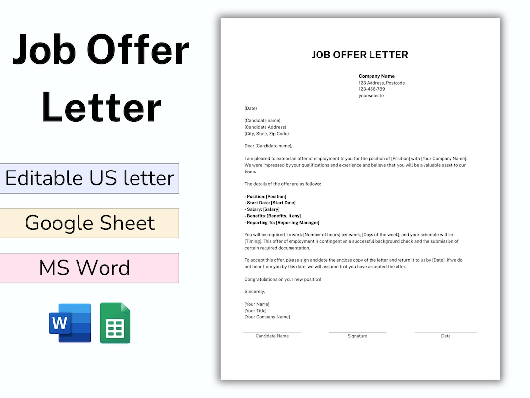 Job Offer Letter Google Docs/ms Word Template, Employment Offer Letter ...
