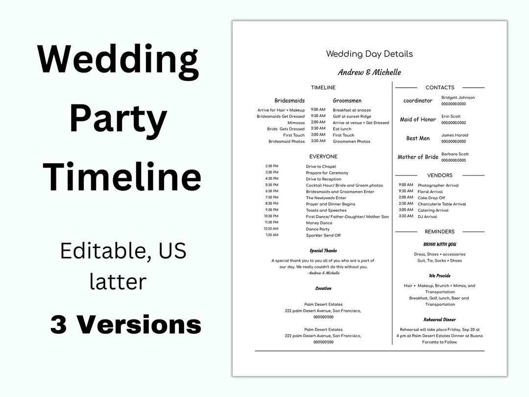 Wedding Party Day Timeline Template, Bridal Party Timeline Wedding ...