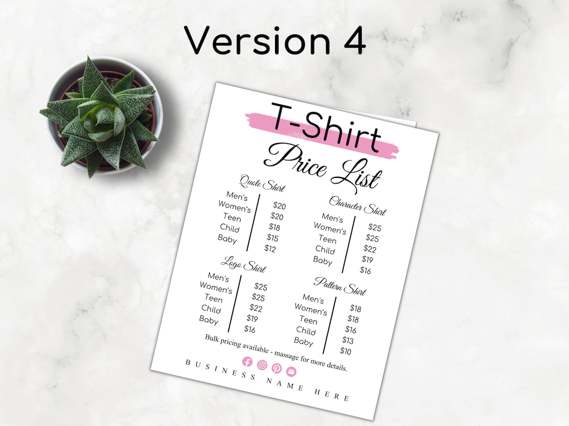 Editable TSHIRT Price List Template, Shirt Order Form, Printable Price ...