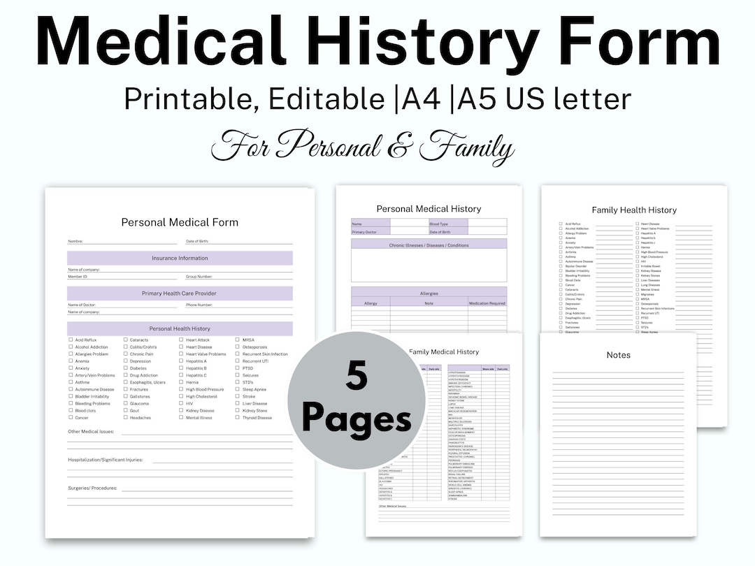 Editable Family Medical History Form, Medical History Log, Patient ...