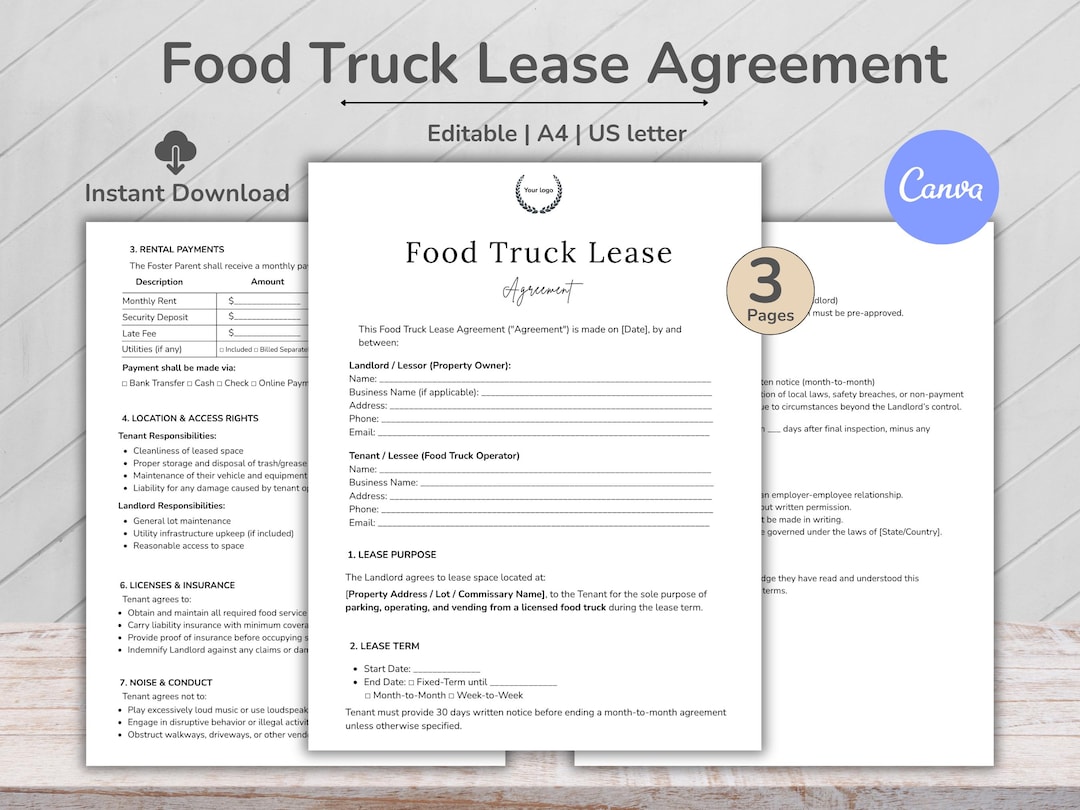 Editable Food Truck Lease Agreement Template: Canva Printable (A4/US ...