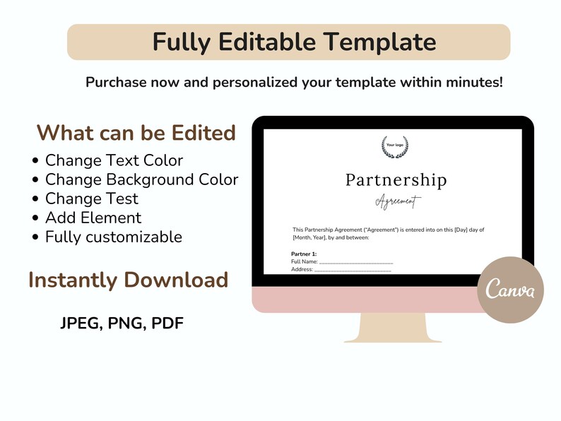 Editable Partnership Agreement Template, Partnership Contract, Business ...