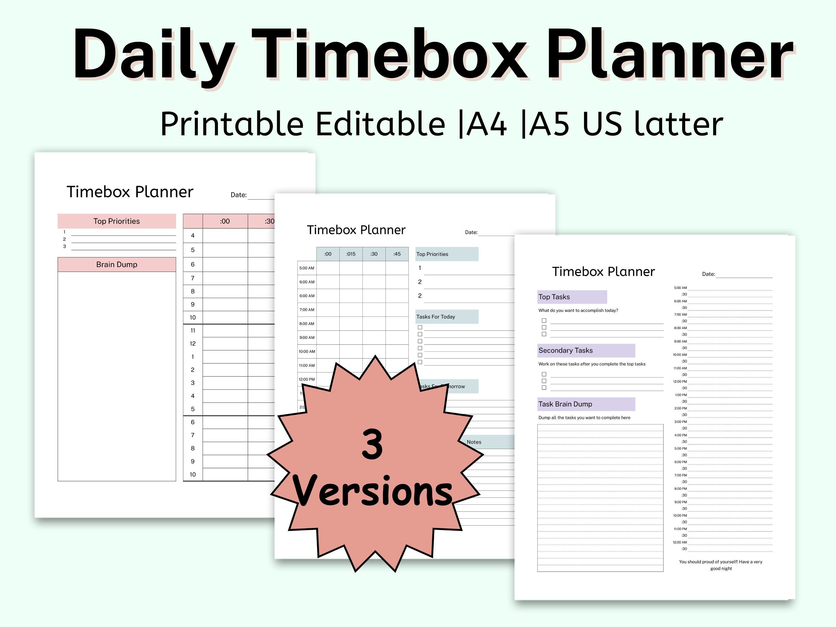 Timebox Planner Printable, Time Boxing Template, Time Tracker Editable ...