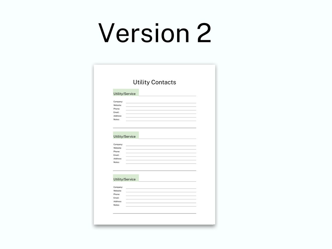 Utility Contacts Template Printable, Utility Service Address Book ...