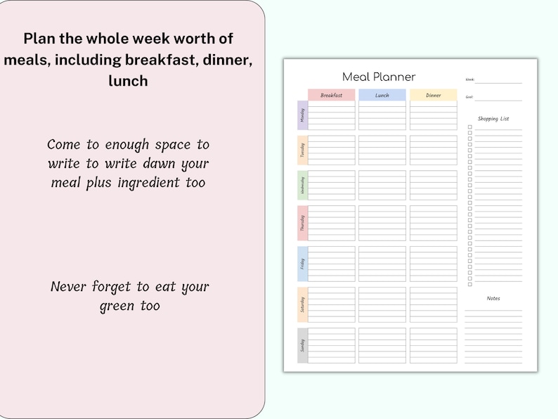 Weekly Meal Planner With Grocery List Printable Template, 7 Day Menu ...
