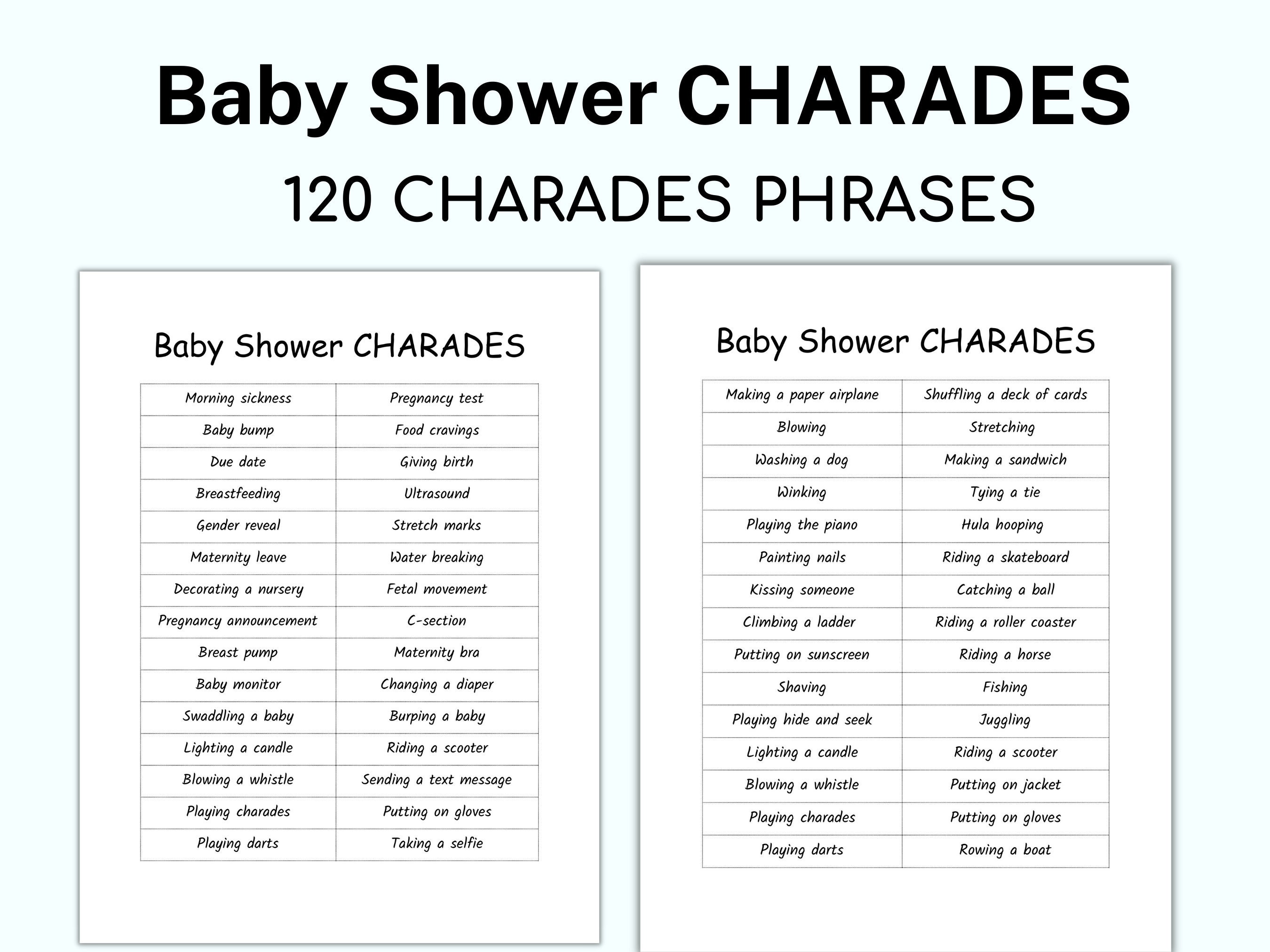 Charades, Baby Shower Charades Game, Babyshower Games, Charades for ...
