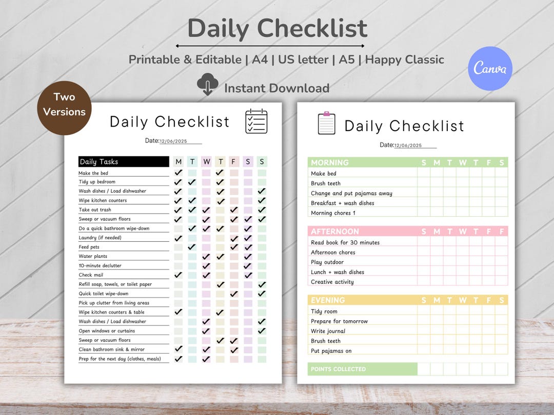 Editable Daily Checklist, Weekly Task List, Daily Work Checklist, Kids ...
