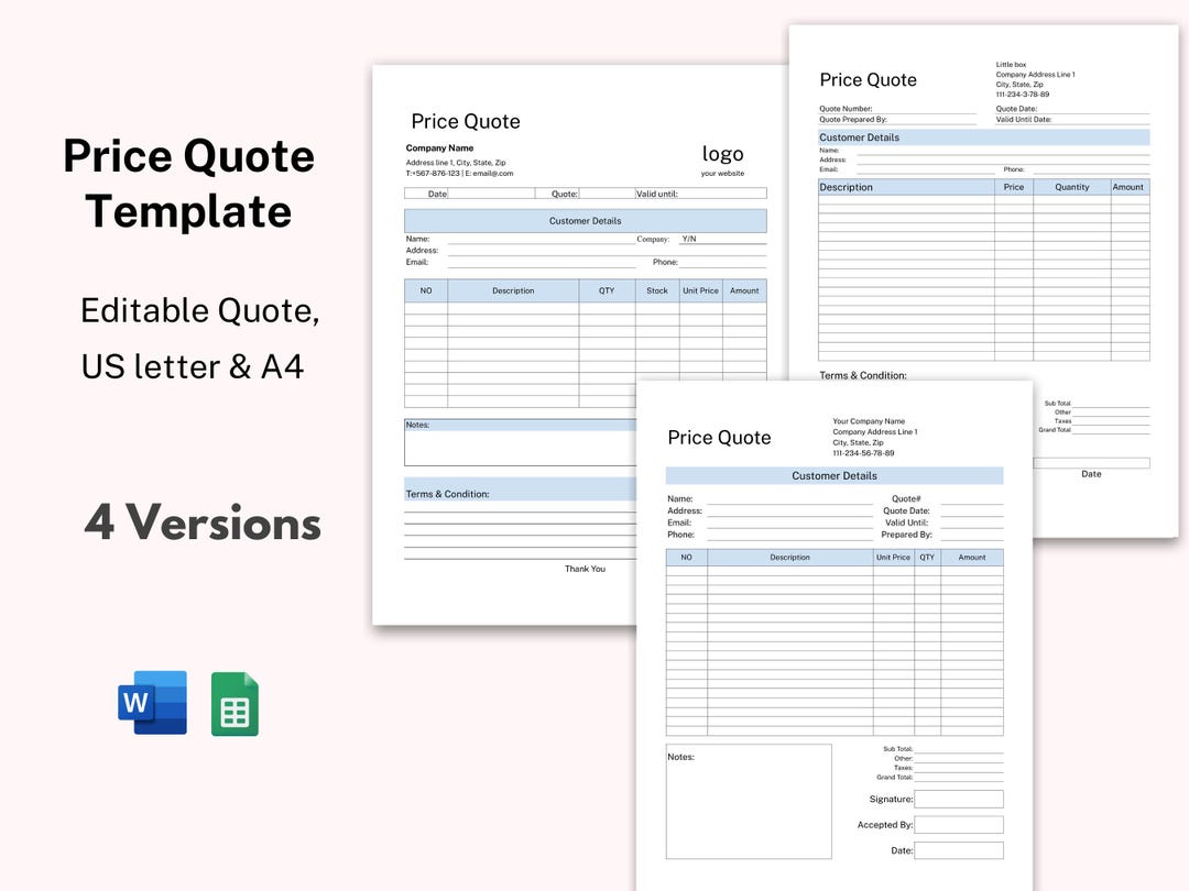 Price Quotation Template, Bookkeeping Template Printable, Estimate ...