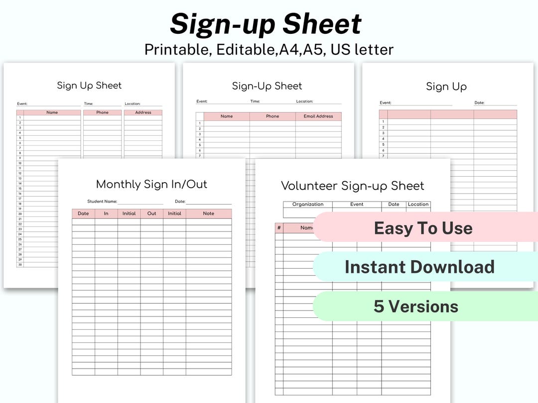 Sign up Sheet Template Printable, Sign up Form, Event Sign up Sheet ...