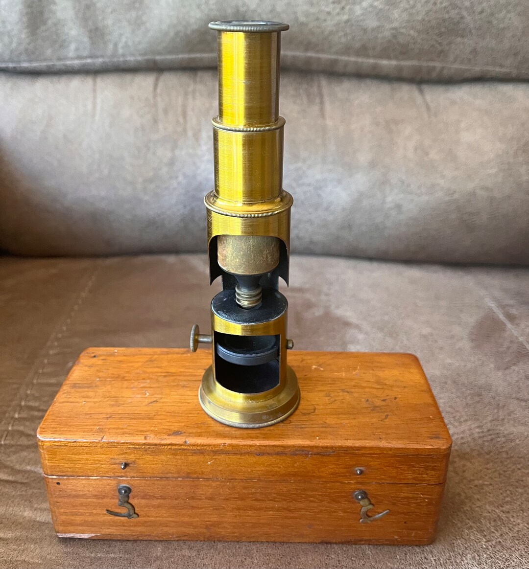Rare Collectible Brass Field Microscope W/ Wooden Case Antique Circa ...