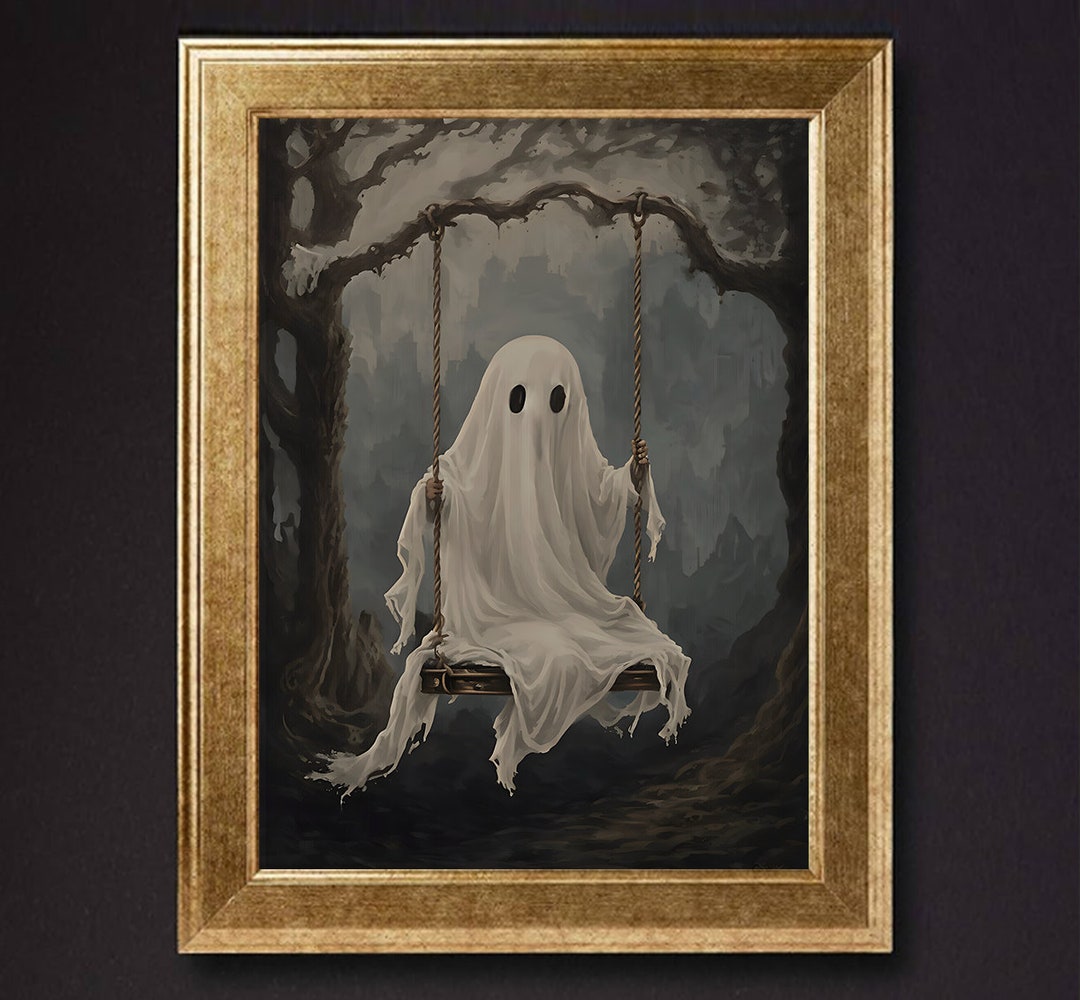 Artistic Halloween Painting of a Cute Ghost Swinging on a - Etsy