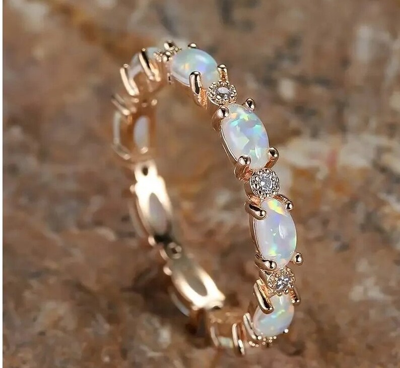 Adorable Simulated Opal and Clear Rhinestone Eternity Band Set in a ...