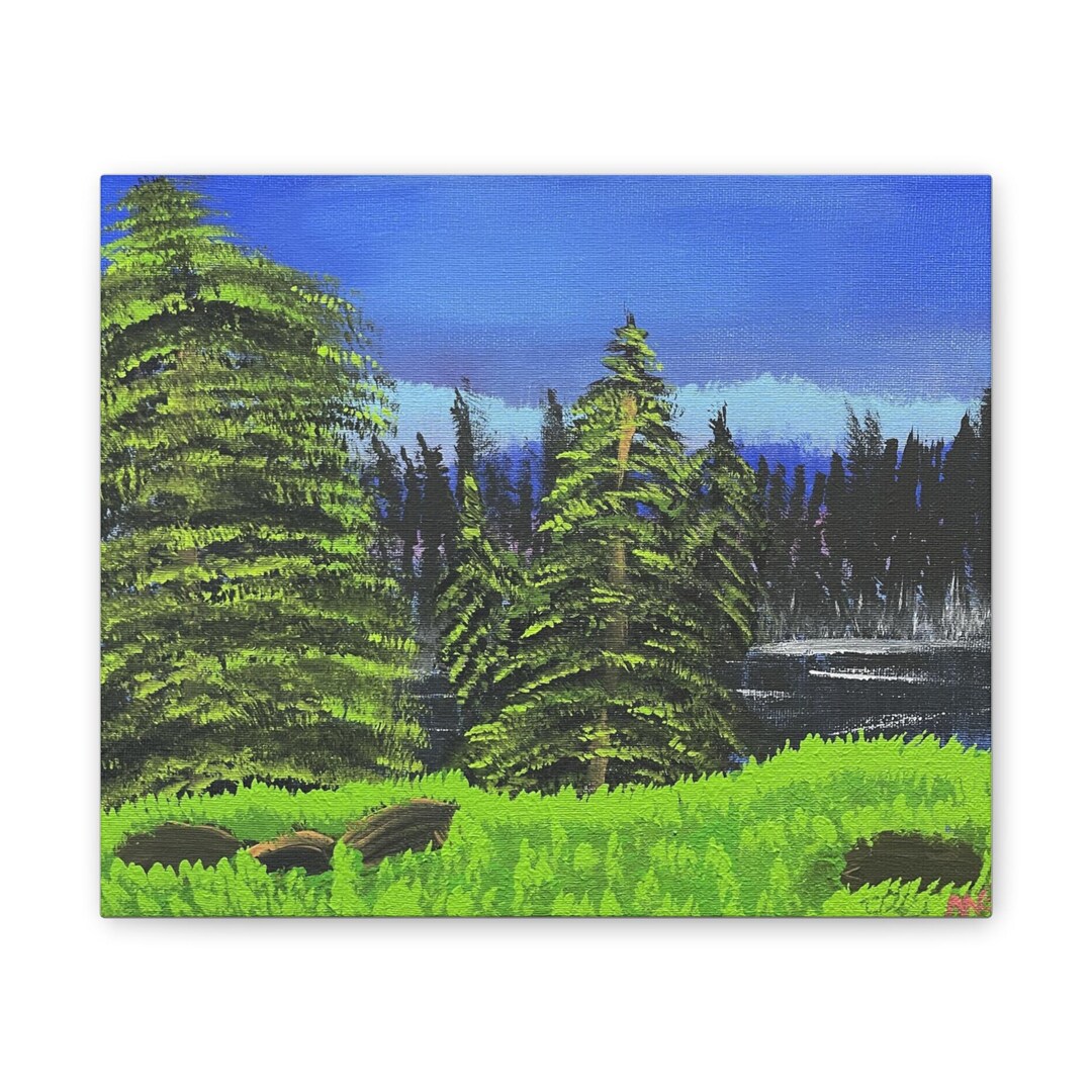 Art Print of pines by the Lake on Stretched Canvas 0.75 Pinewood Frame ...