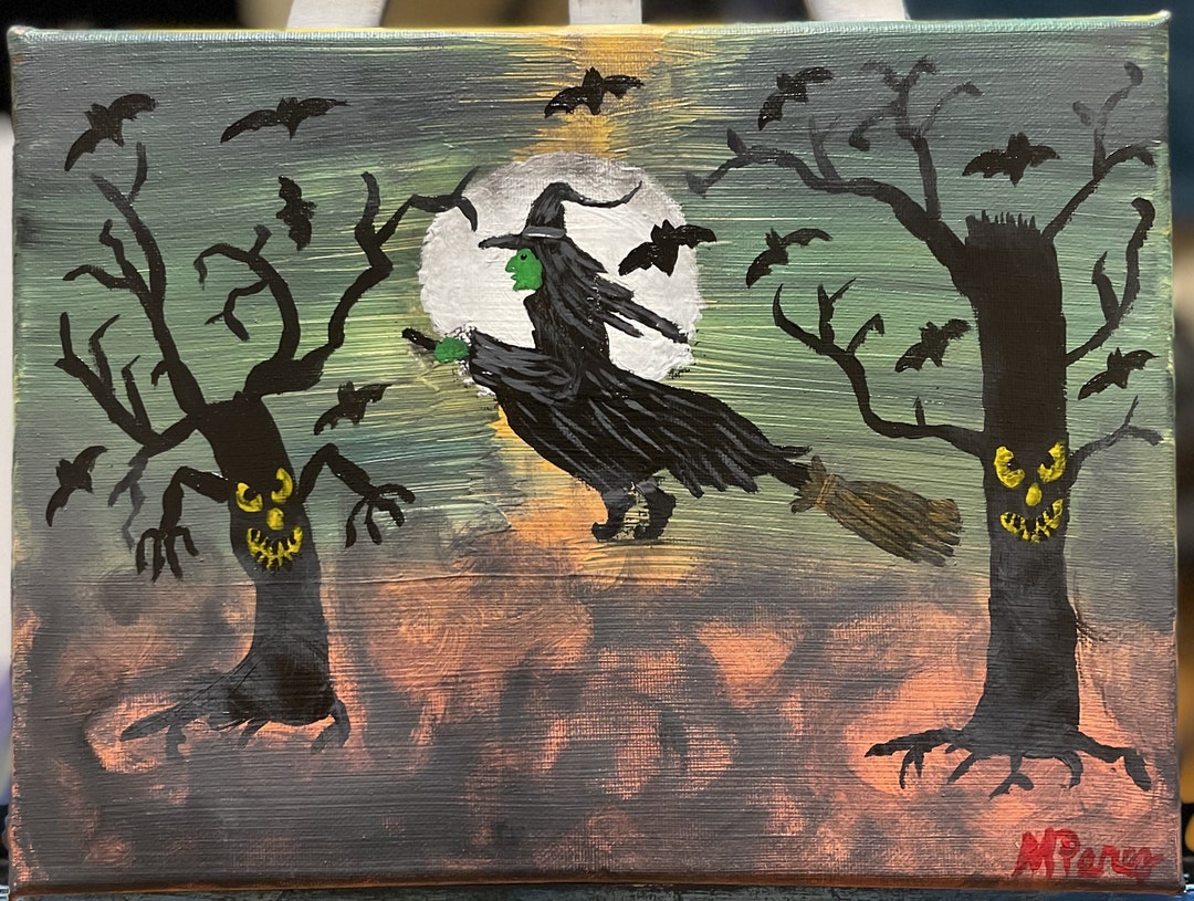 Halloween Witch With Spooky Trees & Bats, 9"x12" Original Canvas ...