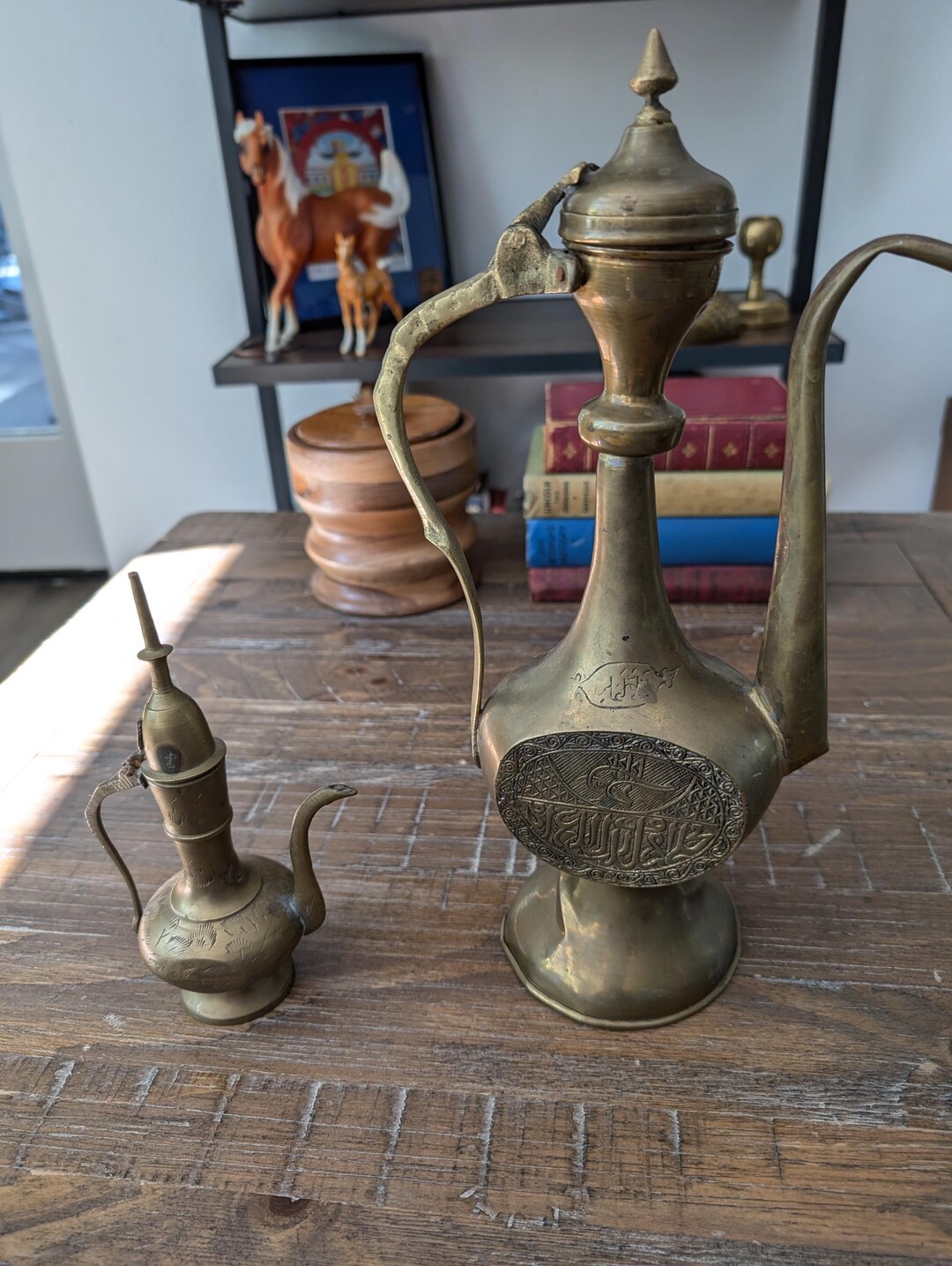 Vintage Brass Genie Bottle Ewer Set of Two // Pitcher, Etched, India ...