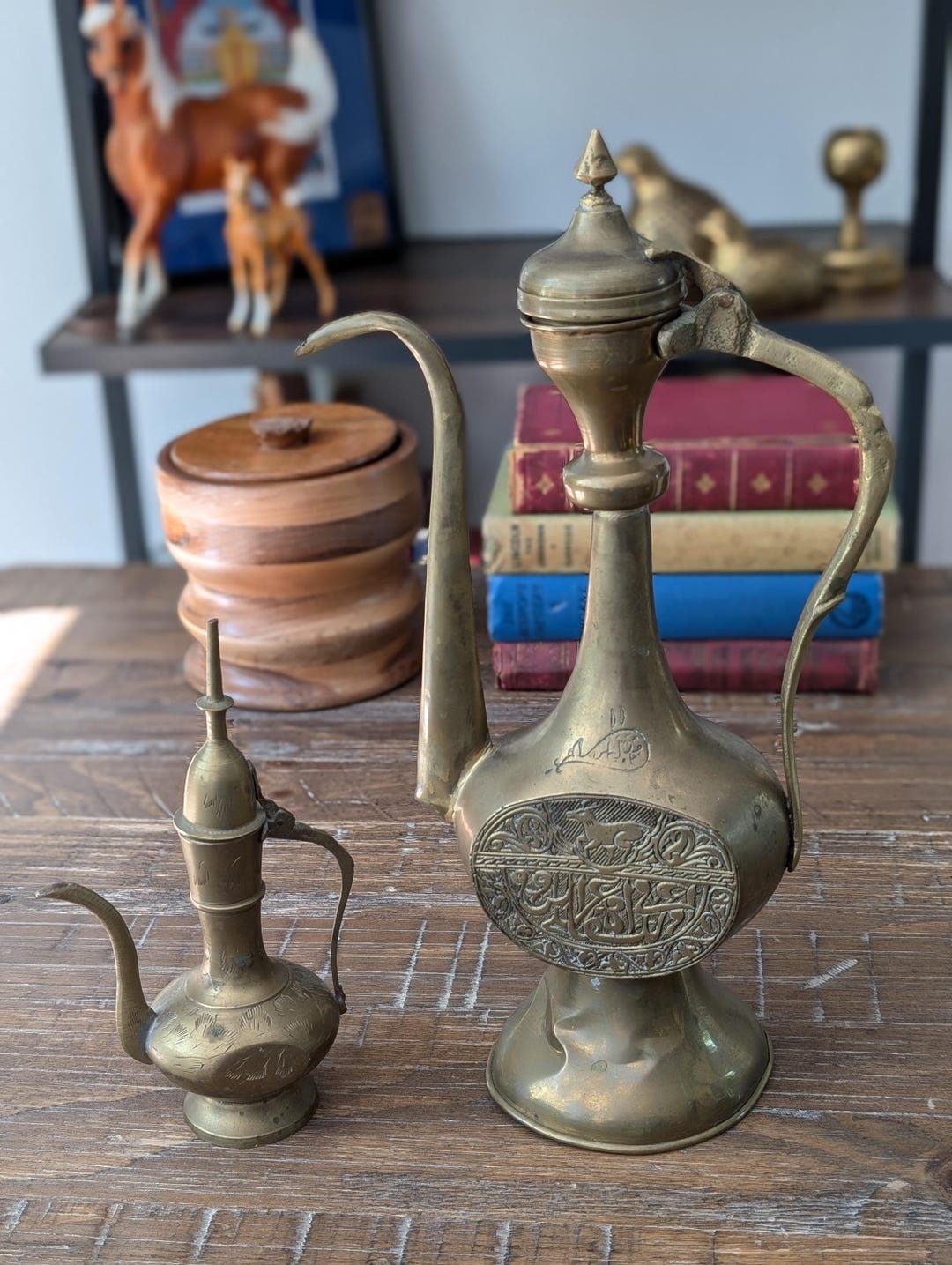 Vintage Brass Genie Bottle Ewer Set of Two // Pitcher, Etched, India ...