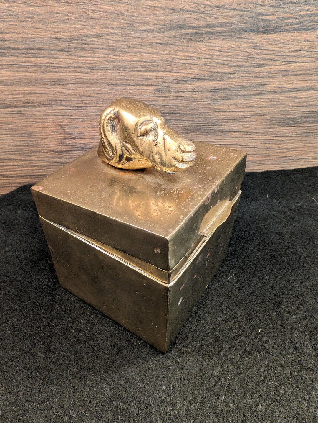 Hinged Brass Box With Dog Head on Lid // RARE and Unique // Lined in ...