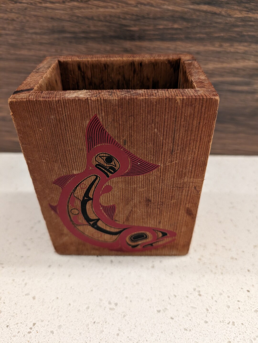 Vintage Handmade Tribal Cedar Box // Silkscreened Salmon Design ...