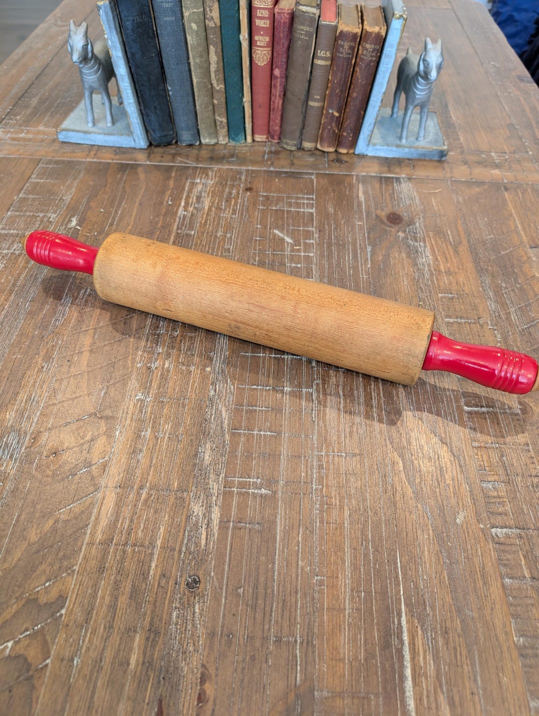 Vintage Rolling Pin - Heavy, Solid Wood - Red Painted Handle - Rustic ...