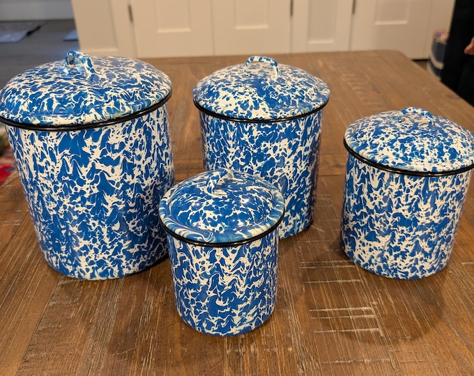 Vintage Blue Graniteware Canisters - Set of 4 - Splatterware - Blue and ...