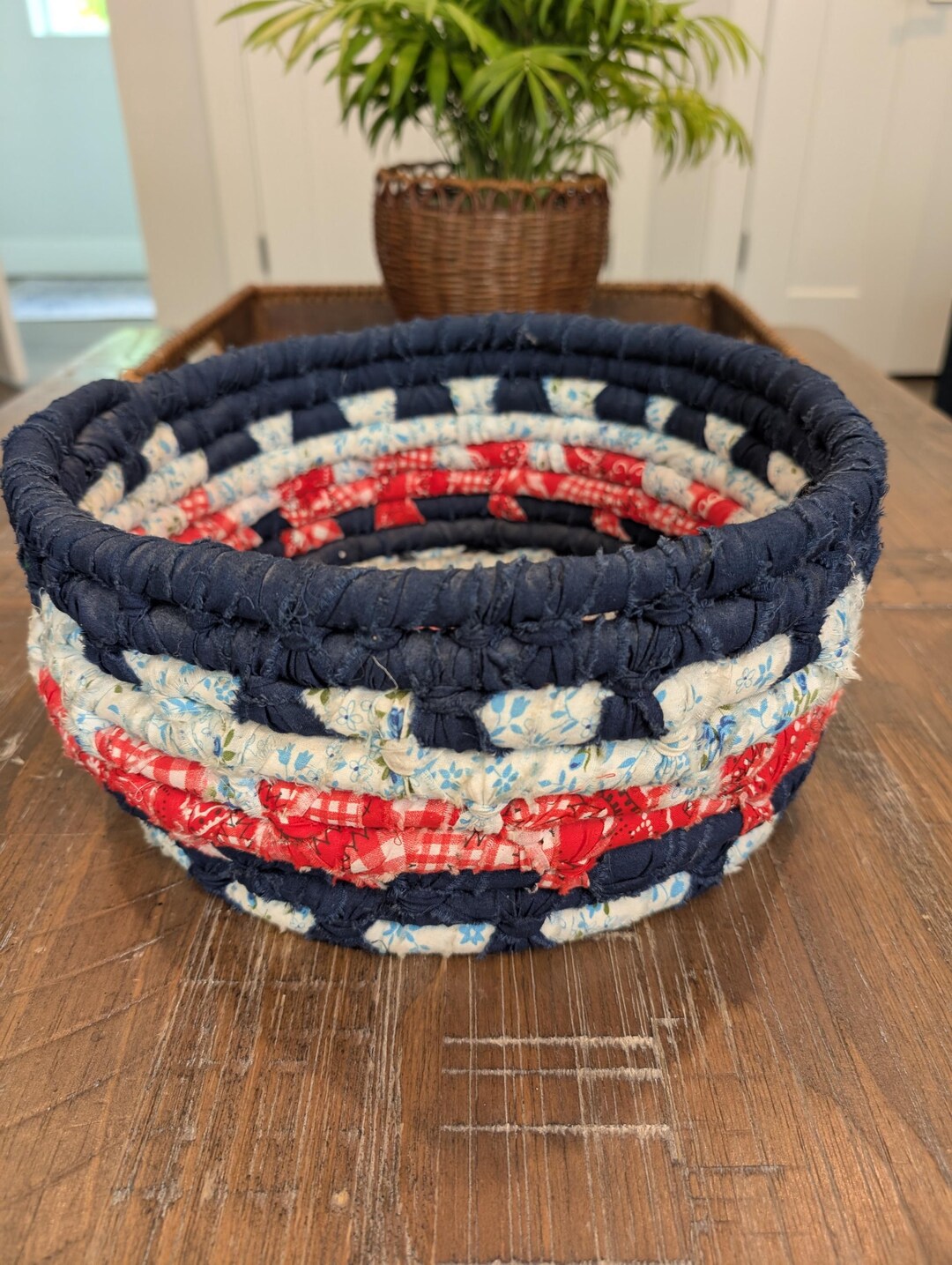 Primitive 1930s Americana Folk Art Hand Made Rag Rug Basket ...