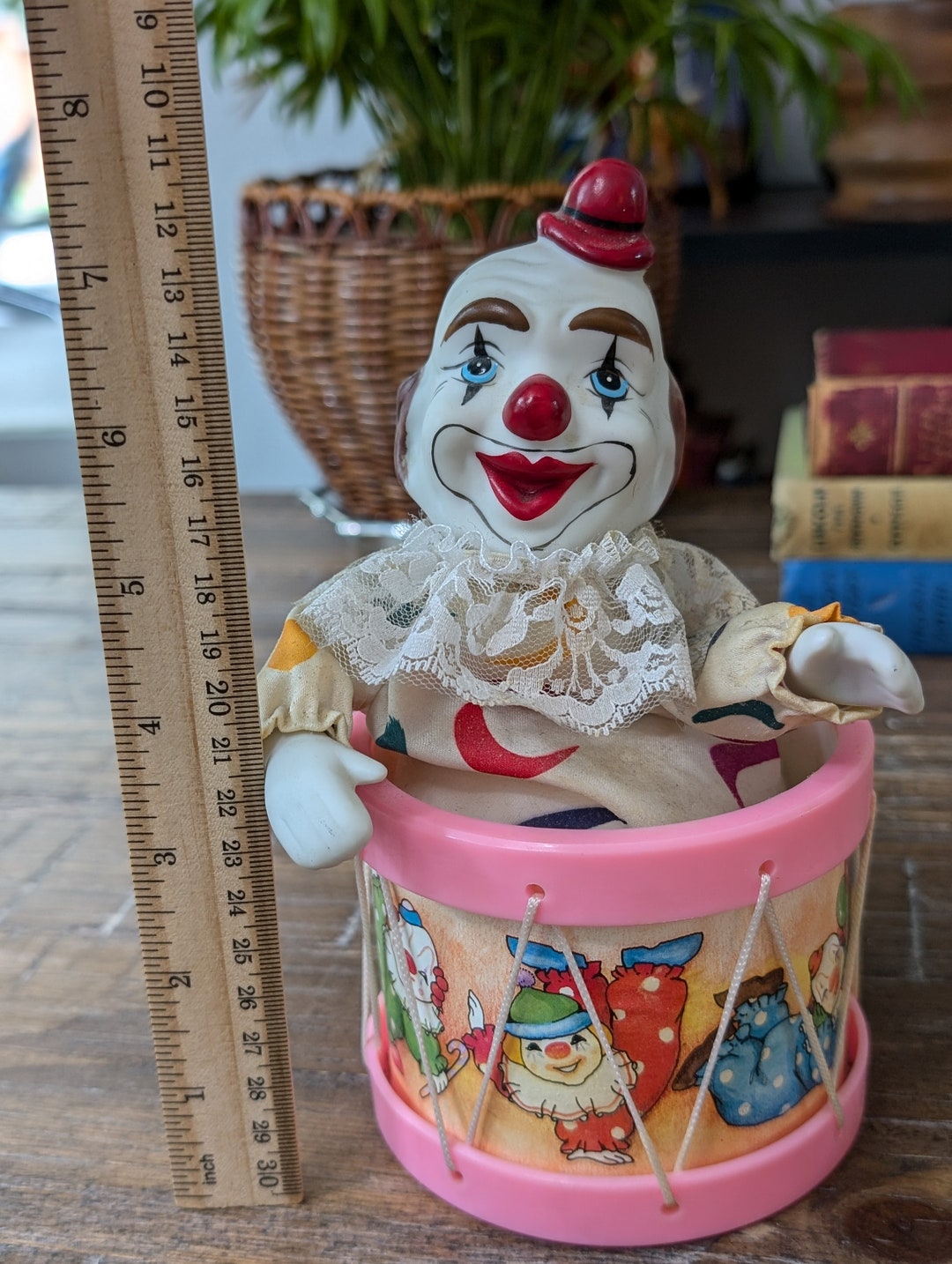Vintage Animated Porcelain Clown in Pink Drum // Wind up Music Box ...