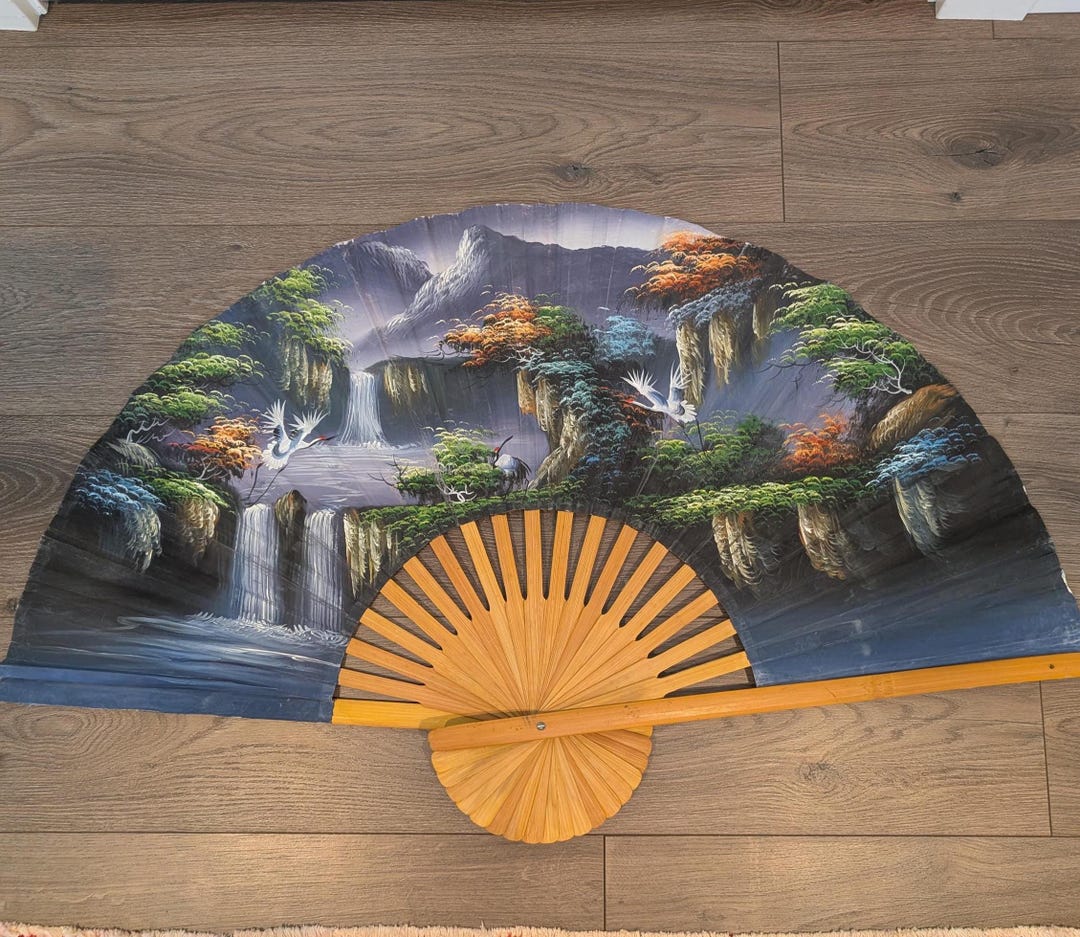 Huge Vintage Painted Wall Fan – Colorful Japanese Paper Fan, Eclectic ...
