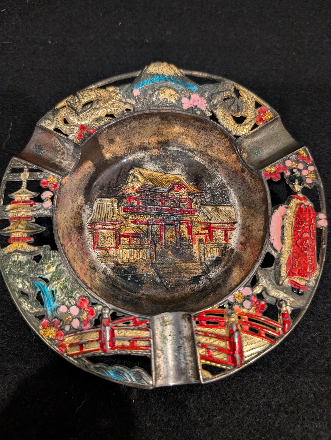 Vintage Asian Japanese Brass Ashtray // Highly Decorated Geisha Mt Fuji ...