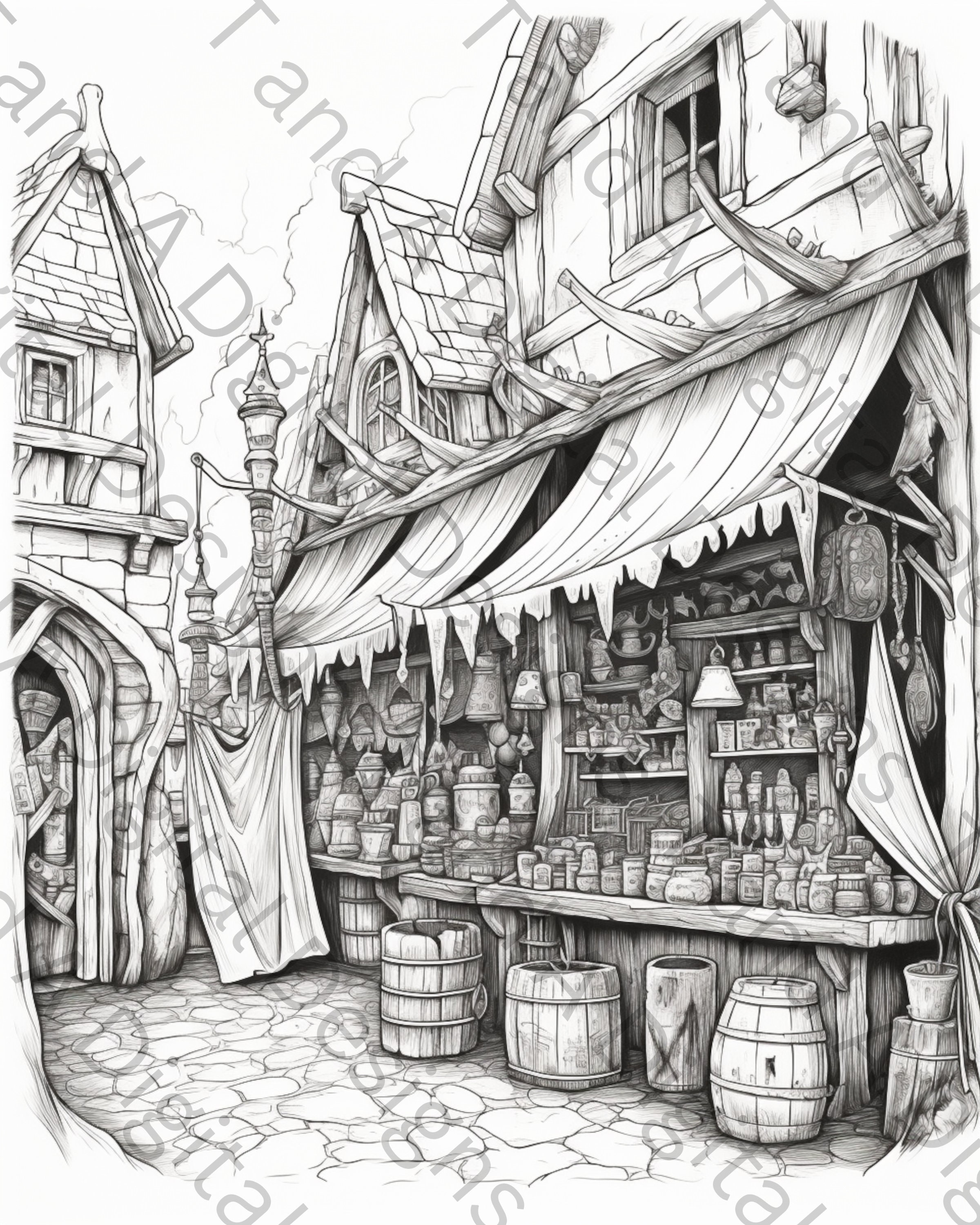 Medieval Marketplace Drawing