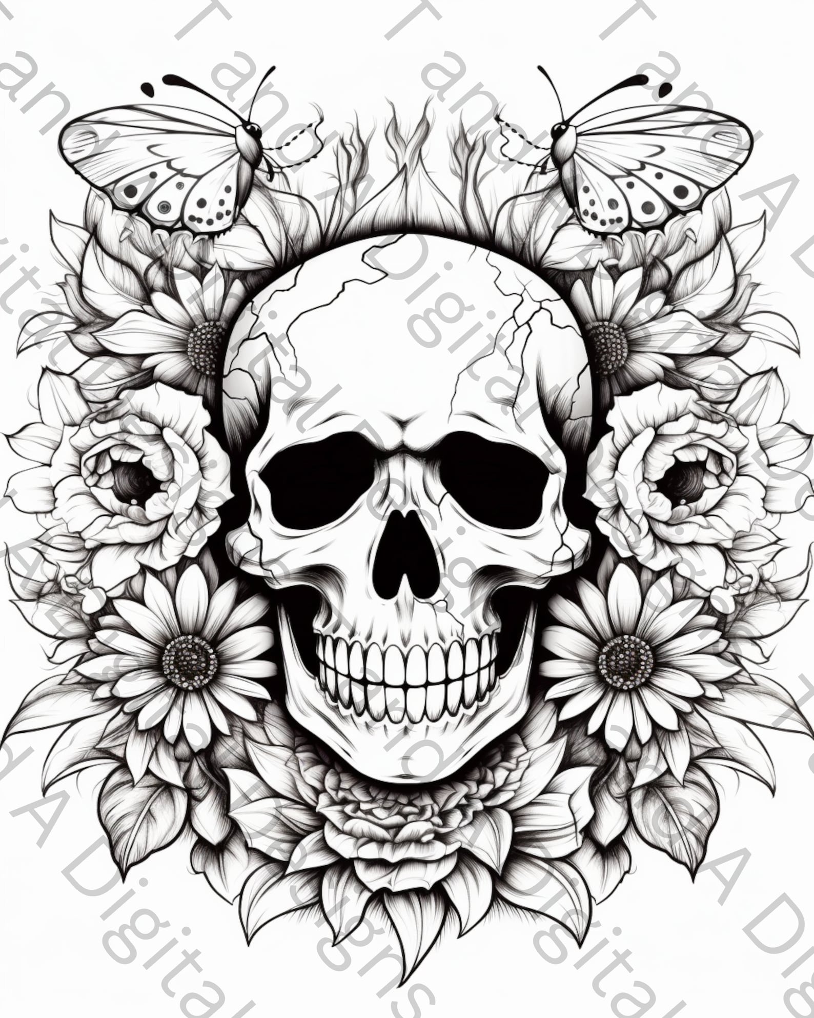 Skull and Flowers Coloring Page - Instant Download, Relaxing Art ...
