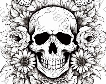 Skull and Sunflowers Coloring Page - Instant Download, Relaxing Art ...