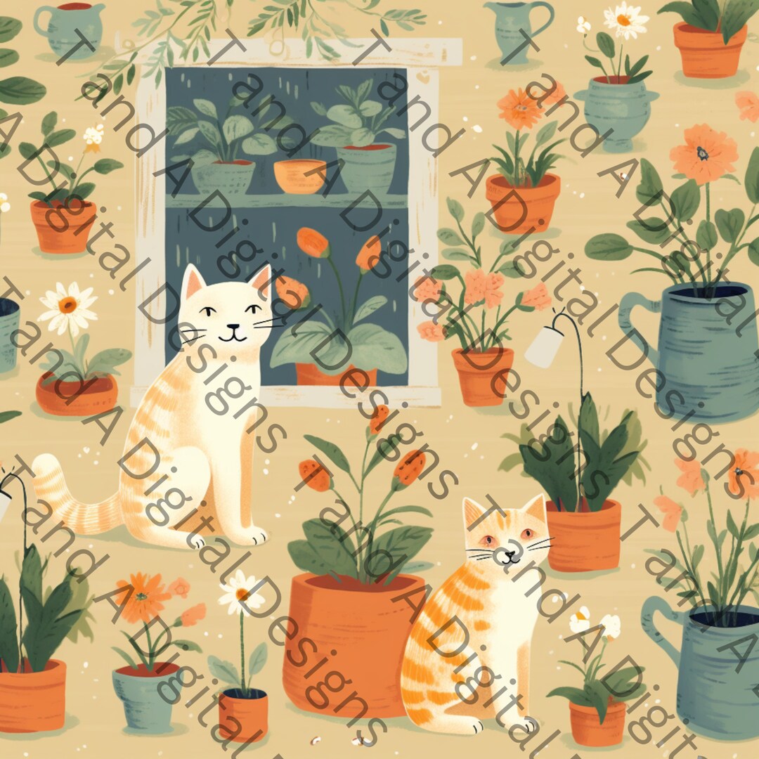 Cats and Plants Digital Paper, Scrapbook Printable Paper, Backgrounds ...