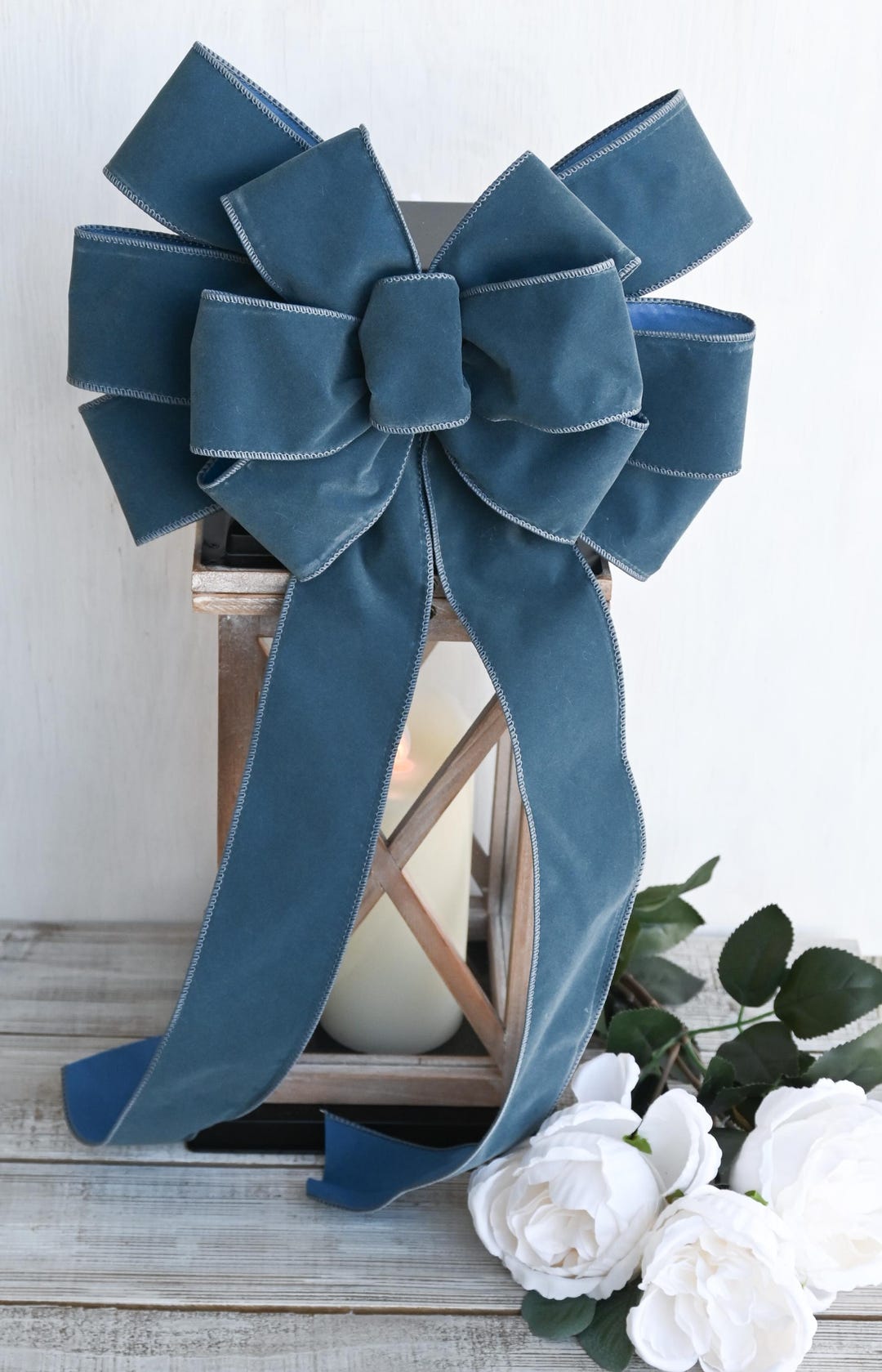 Antique Blue Velvet Bow, Spring Bow, Wreath Bow, Premade Christmas ...