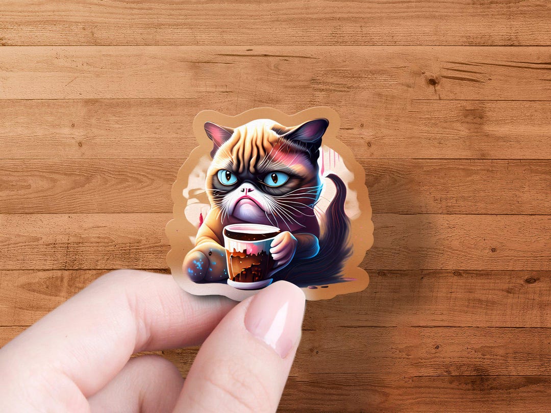 Cute Grumpy Cat Sticker, Blue-eyed Cat Drinking Coffee Decal, Funny Cat ...