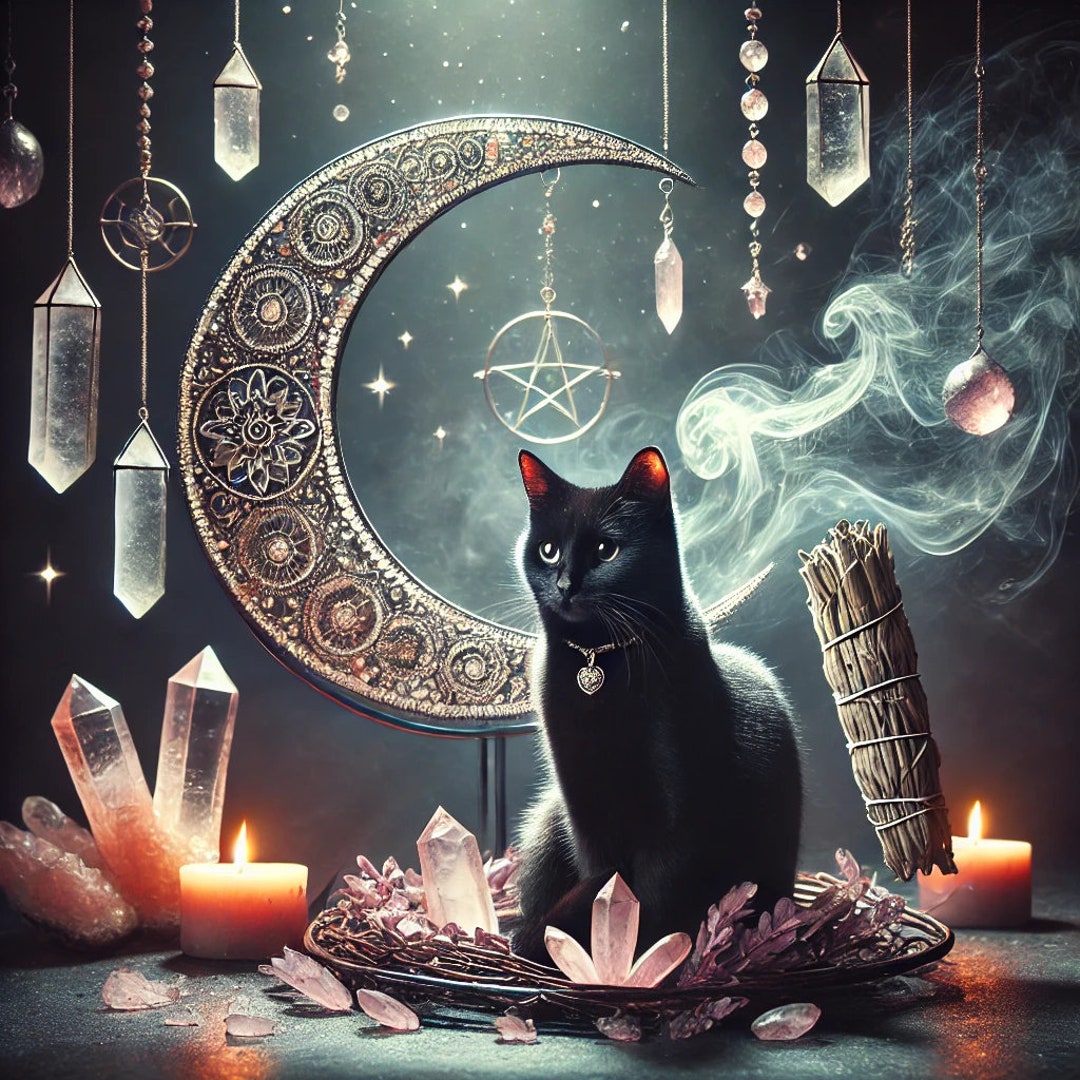 Mystic Cat and Crescent Moon Graphic Tee, Enchanting Crystal Decor ...