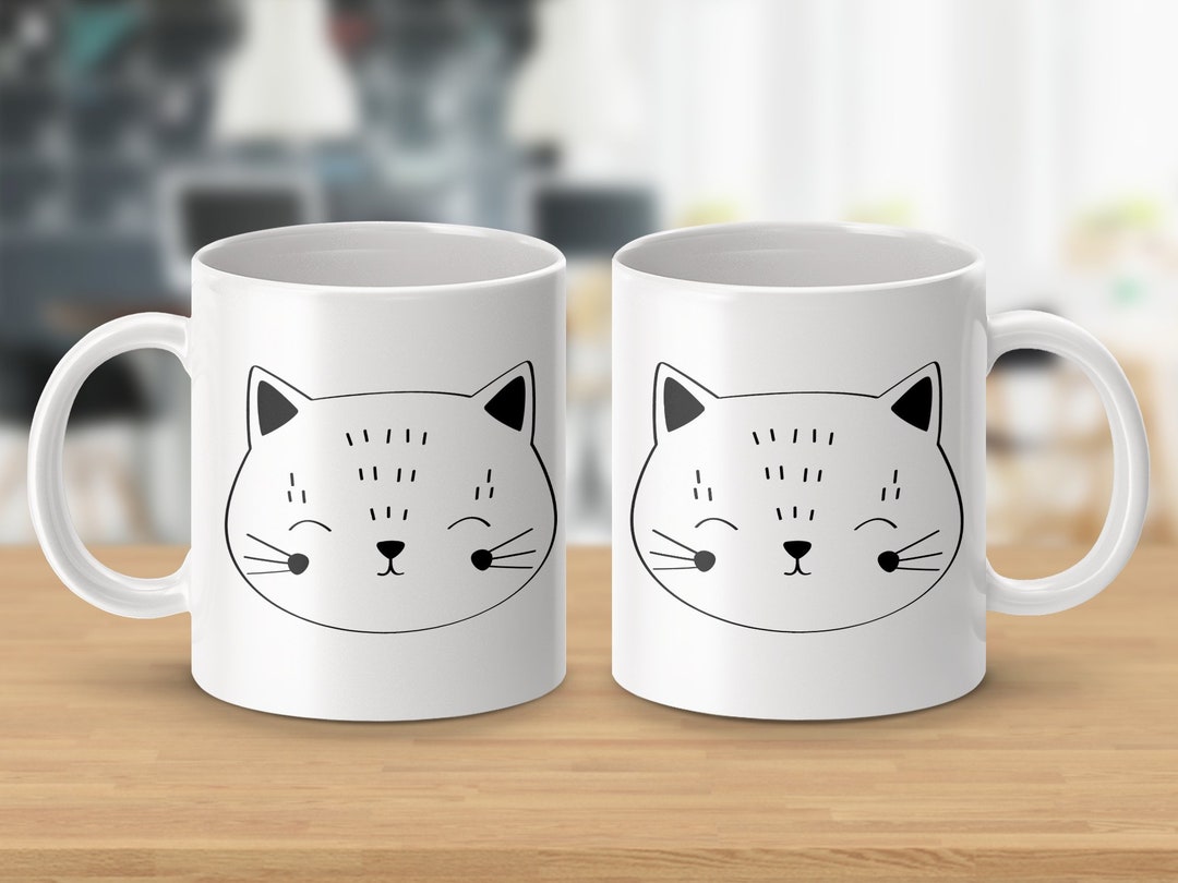 Cat Face Mug, Cute Kitten Cartoon, Black and White Coffee Cup, Cat ...