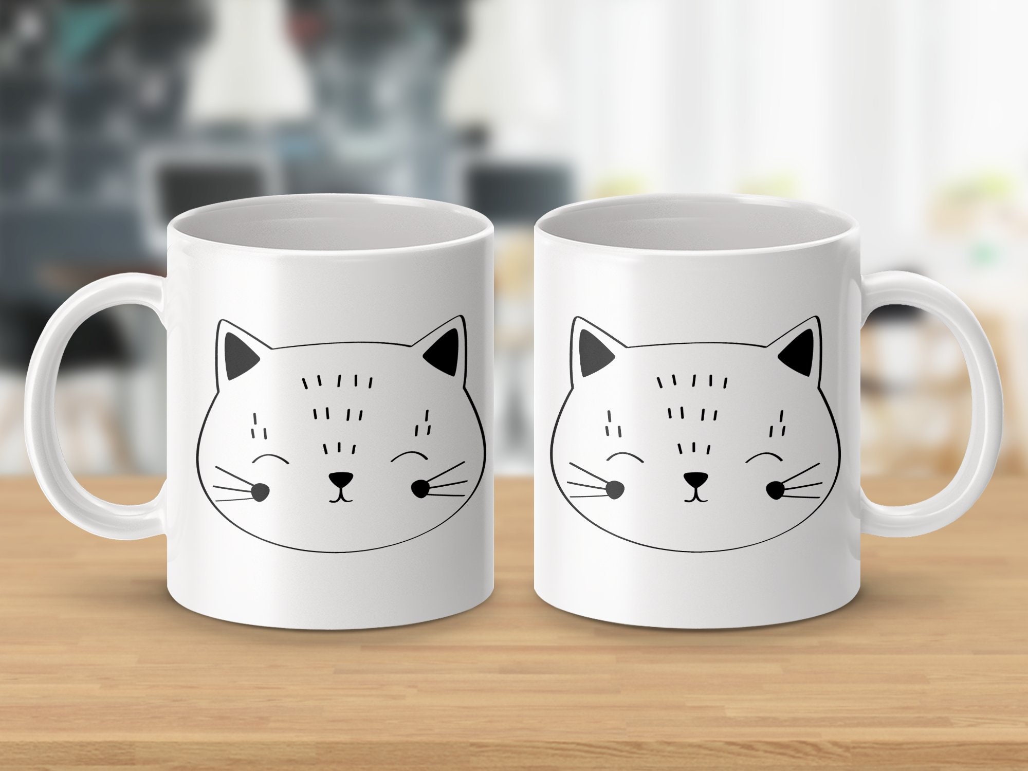 Cat Face Mug, Cute Kitten Cartoon, Black and White Coffee Cup, Cat ...