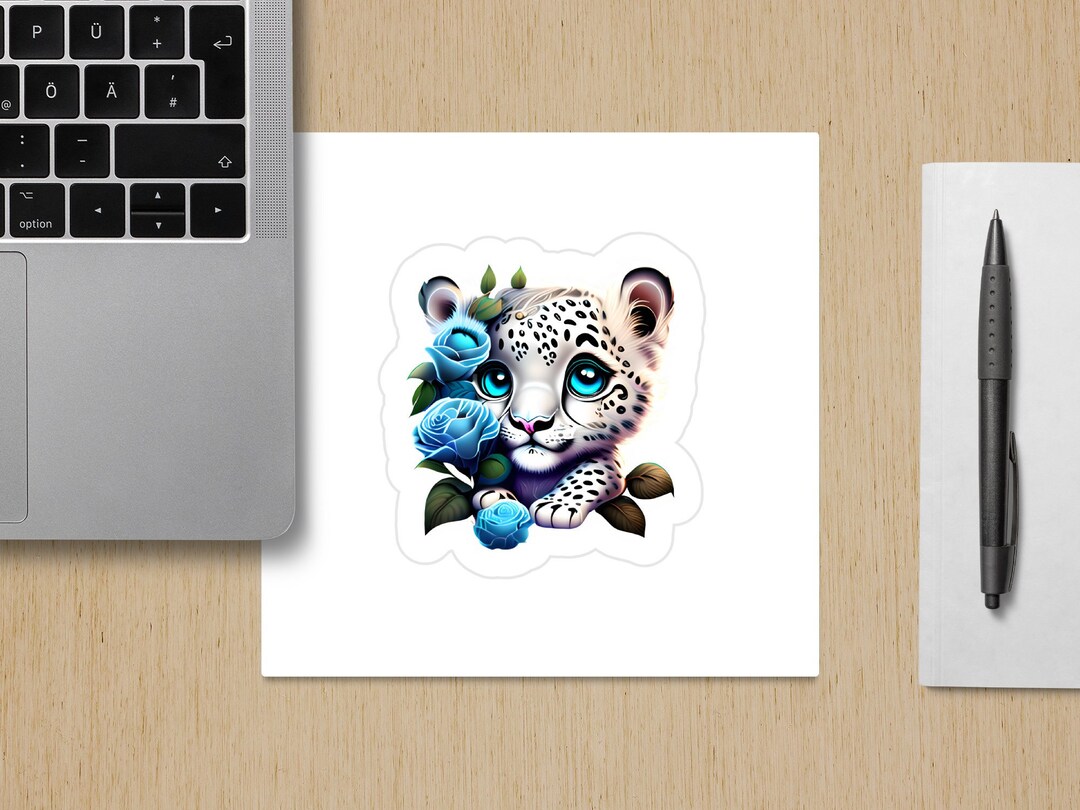 Cute Leopard Cub Sticker, Blue Roses Animal Decal, Laptop and Phone ...