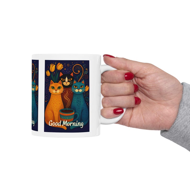 Colorful Cat Mug With Good Morning Design, Cute Ceramic Coffee Cup, Cat ...