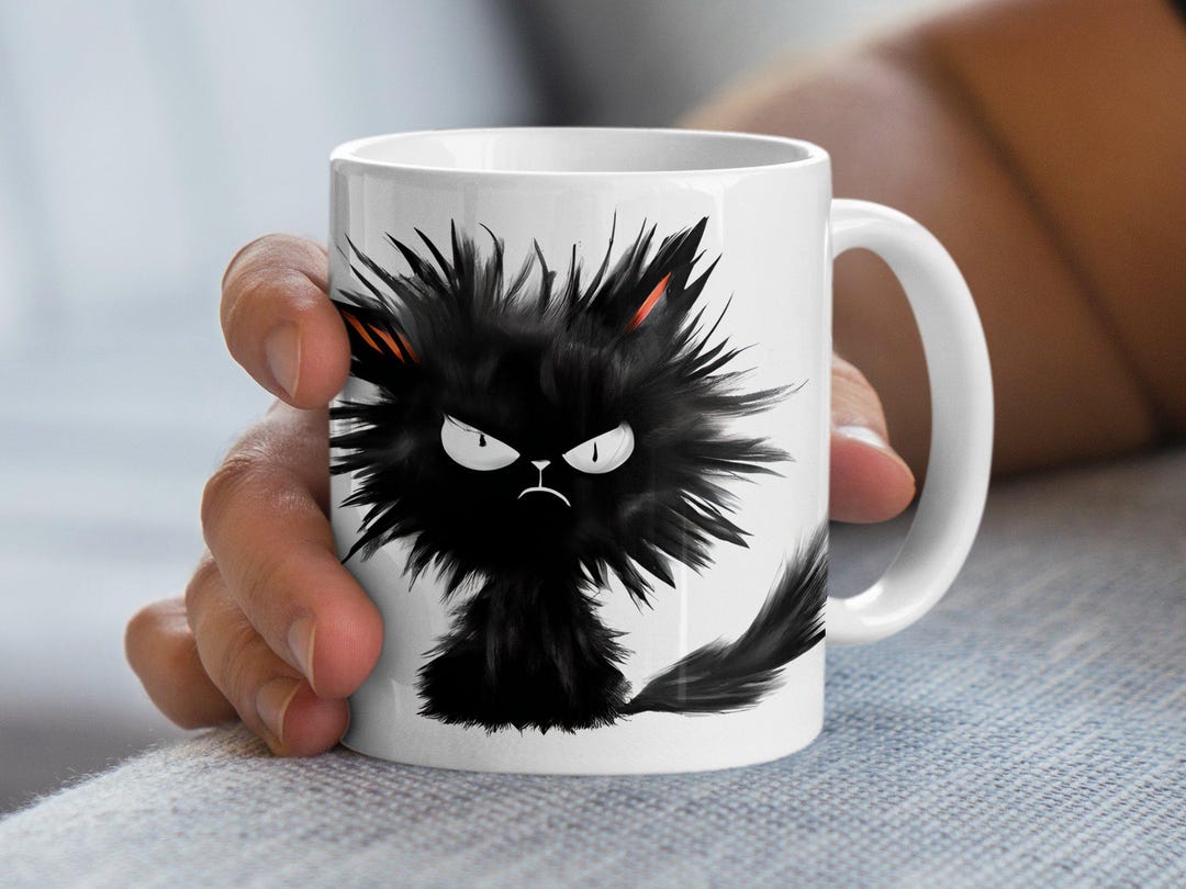 Angry Cat Mug, Funny Fluffy Black Cat Coffee Cup, Sarcastic Grumpy Cat ...