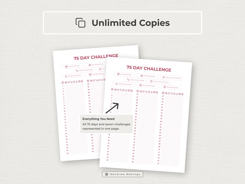 75 Day Challenge Tracker Pink Printable Worksheet Health Goal Checklist ...