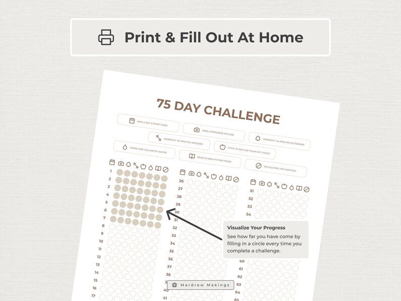 75 Day Challenge Tracker Brown Printable Worksheet Health Goal ...