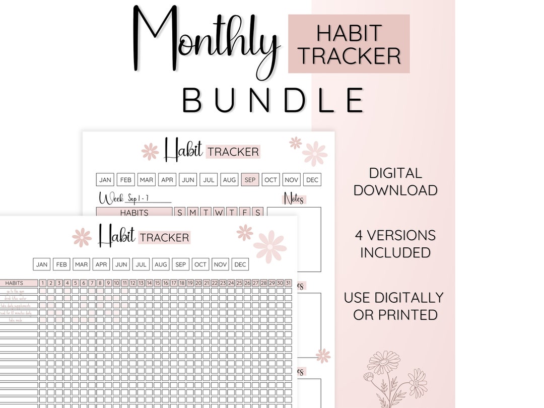 Pink Bundle Habit Tracker, Printable Monthly Habit Tracker, Habit ...