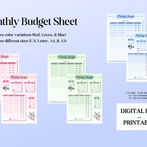 Monthly Budget Sheet Tracker - PRINTABLE - Pink, Green, Blue Variations ...