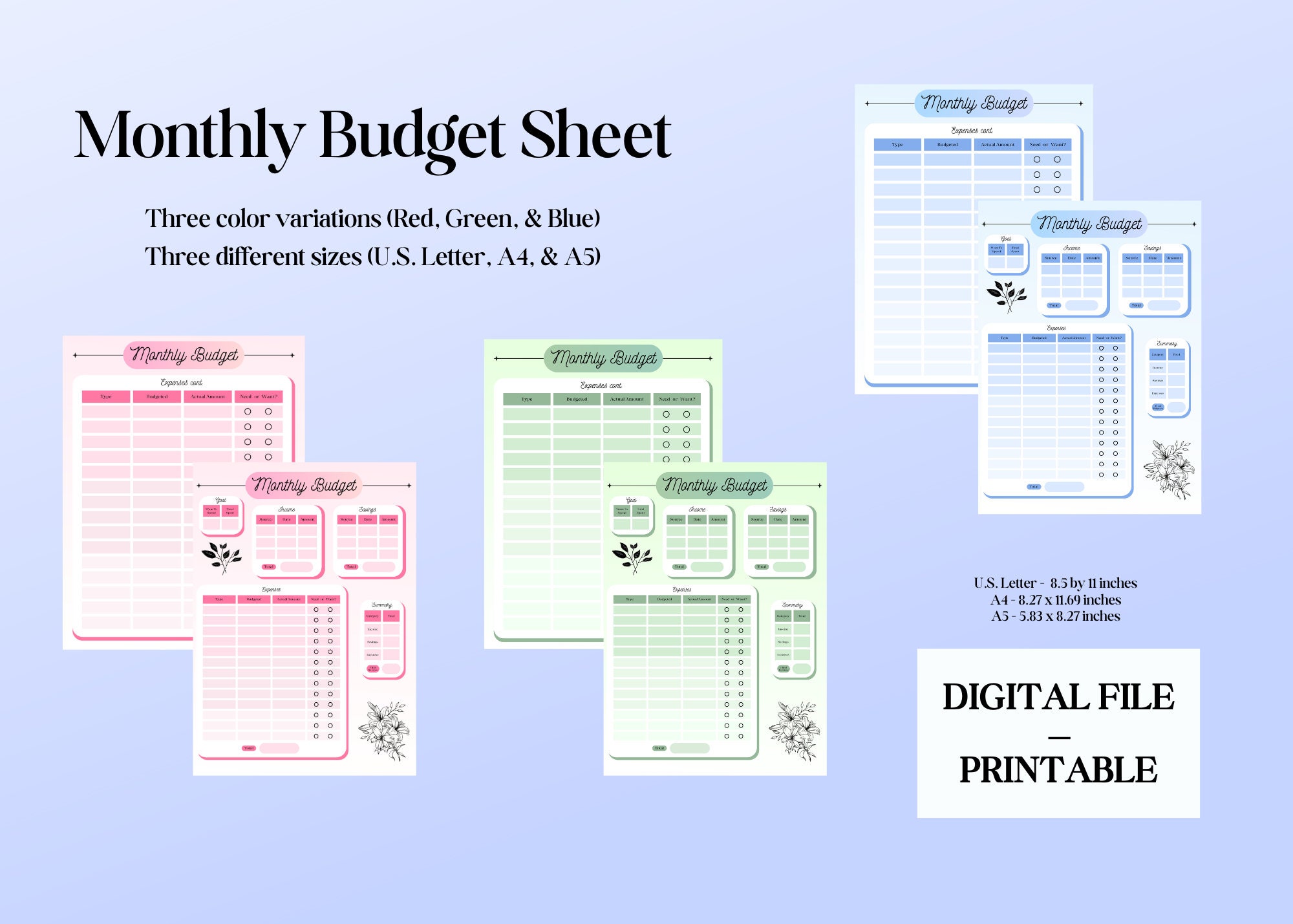 Monthly Budget Sheet Tracker - PRINTABLE - Pink, Green, Blue Variations ...