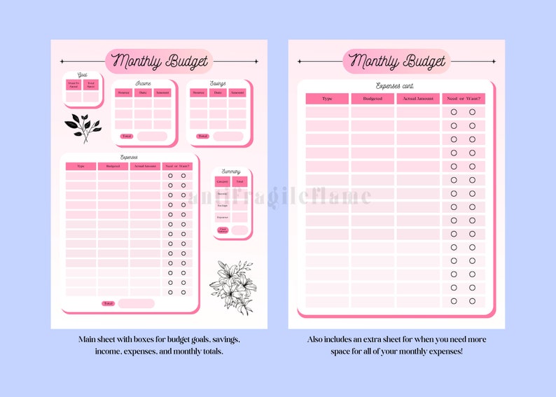 Monthly Budget Sheet Tracker - PRINTABLE - Pink, Green, Blue Variations ...